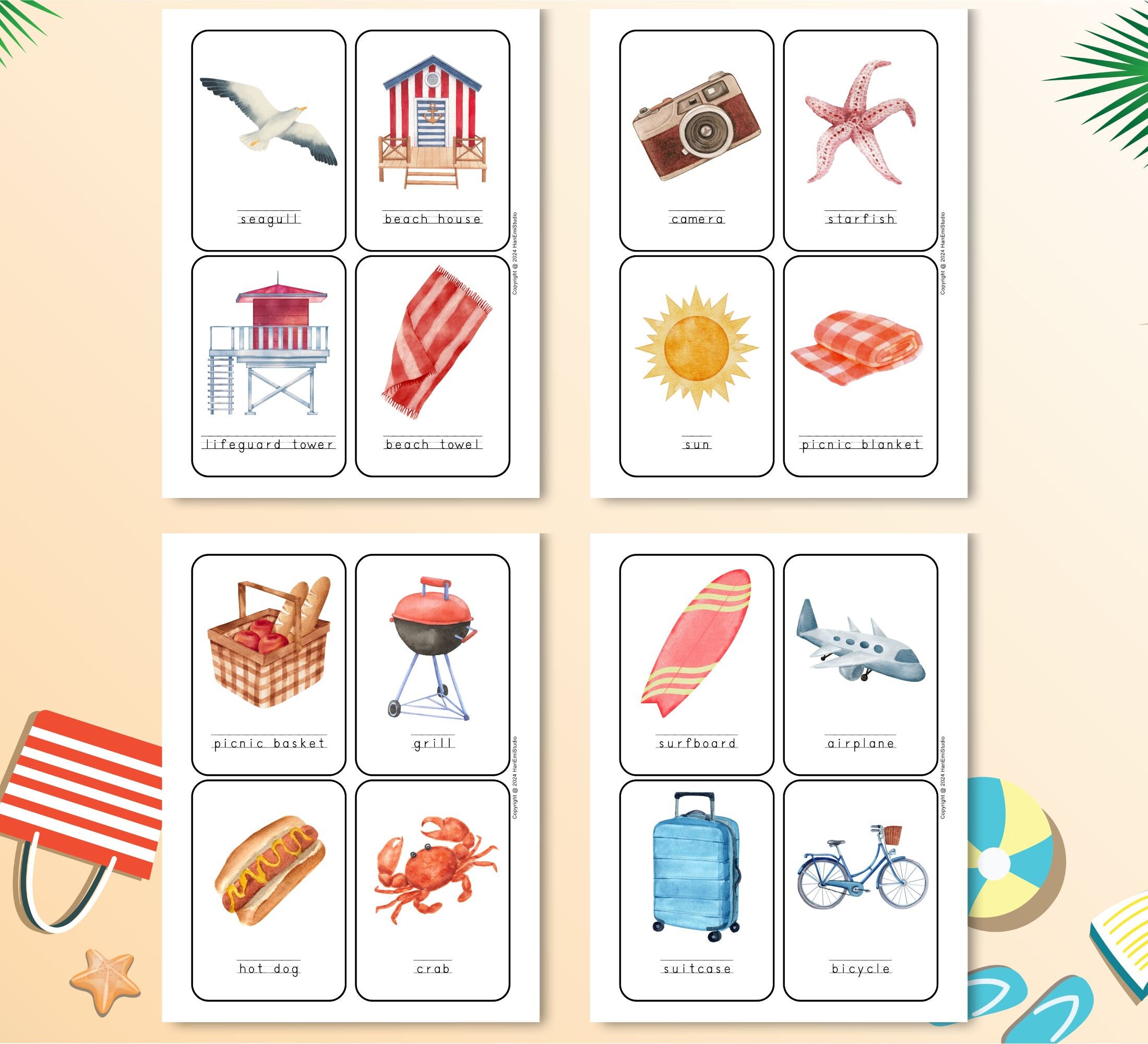 68 Watercolor Summer Vocabulary Flashcards for Kids, Kids Learning ...