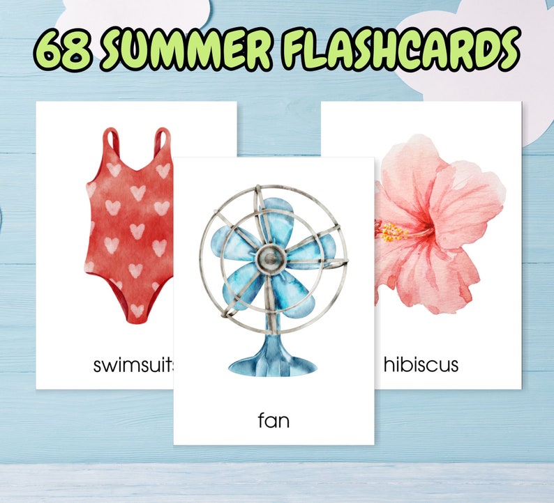 68 Watercolor Summer Vocabulary Flashcards for Kids; Kids Learning ...