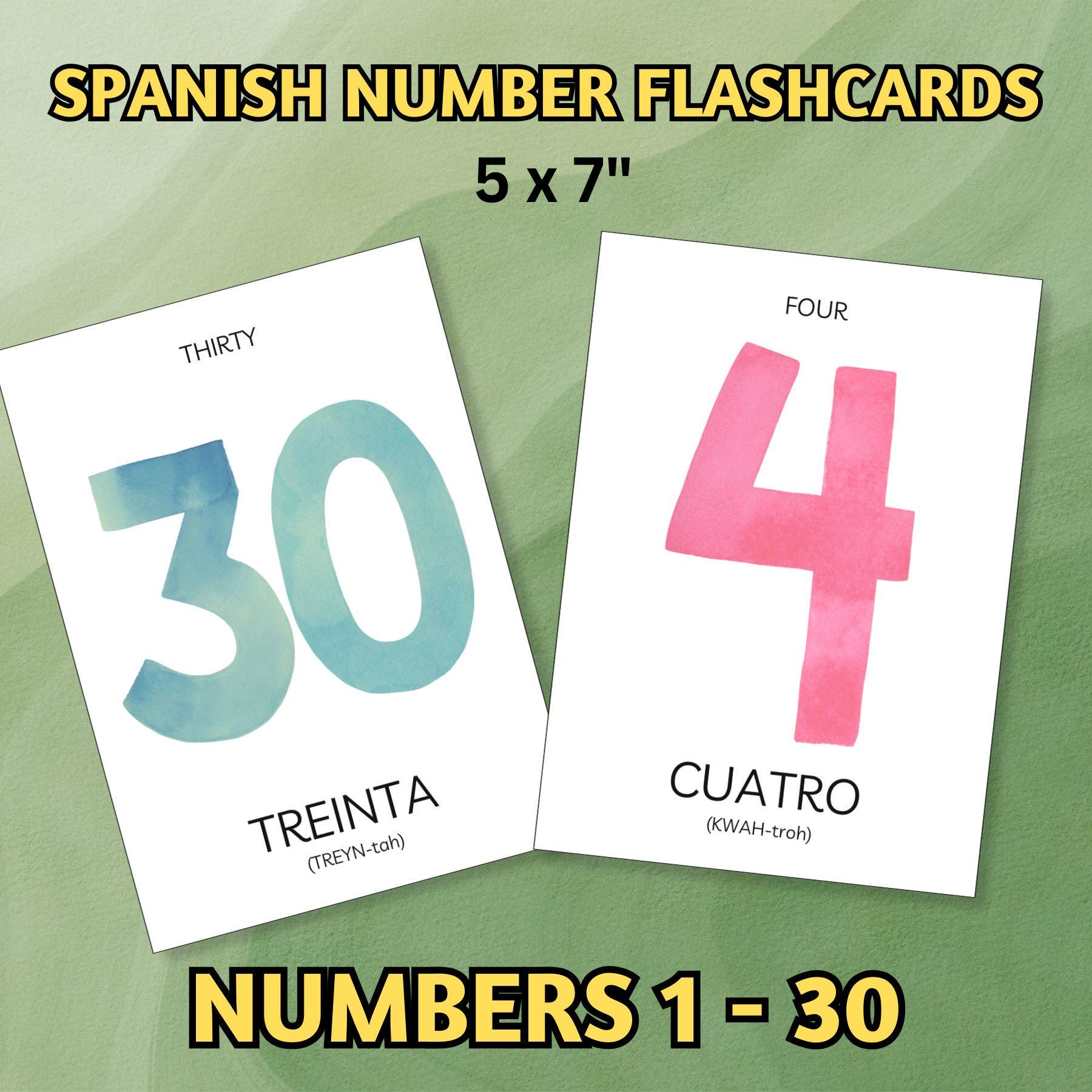 Numbers 1 - 30 Spanish NUMBER Flashcards, Bilingual Learning Cards for ...