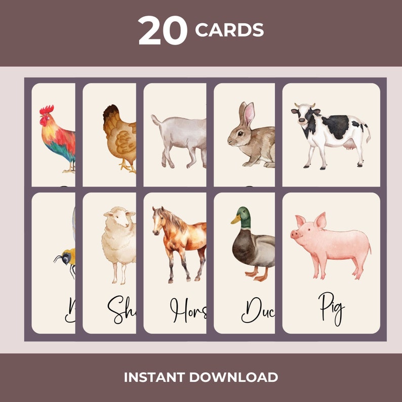 20 Farm Animal Flash Cards, Educational Cards for Kids 5 X 7 ...