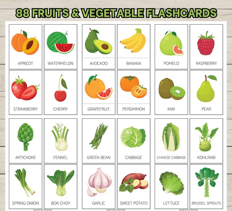 88 Fruits and Vegetables Vocabulary Flashcards; Printable Kids Flash ...