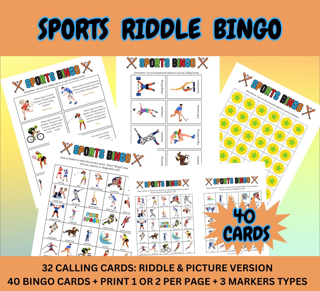 Sports Riddle Bingo Set, 32 Calling Cards, 40 Bingo Cards, and 2 Marker ...