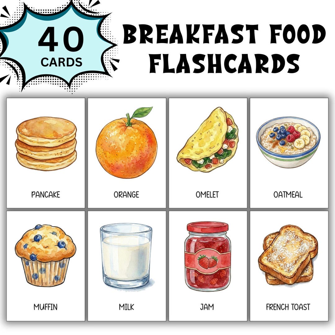Breakfast Food Vocabulary Flashcards; Watercolor Kids Flashcards ...