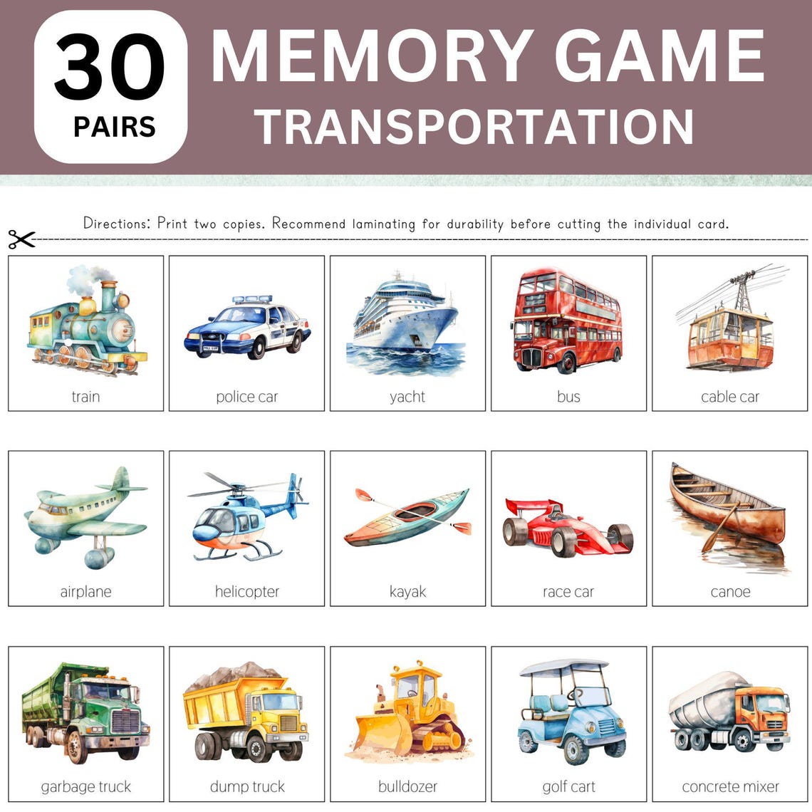 30 Pairs Transportation Memory Game; Transportation Matching Cards ...