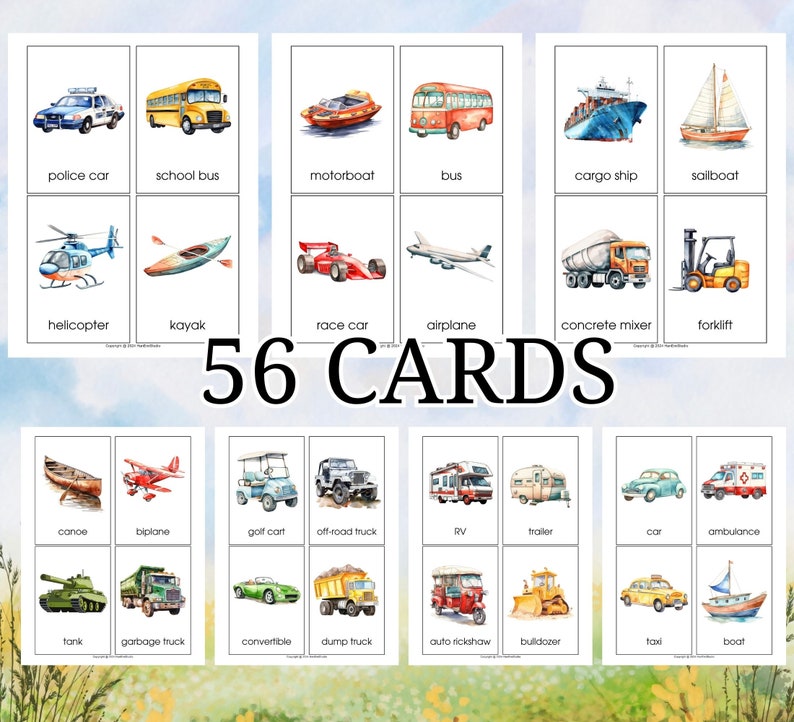 56 Transportation Vocabulary Flashcards for Kids; Kids Learning Flash ...