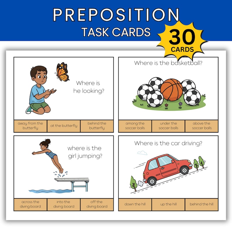 Preposition Task Cards for Kids; Identifying Prepositions; Special ...