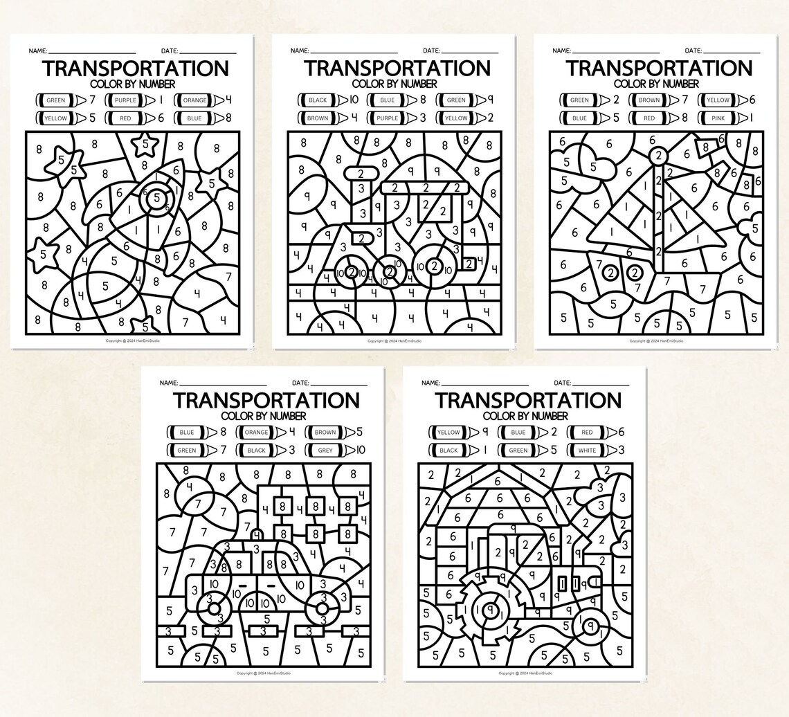 10 Page Transportation Color by Numbers (1 – 10); Coloring Page for ...