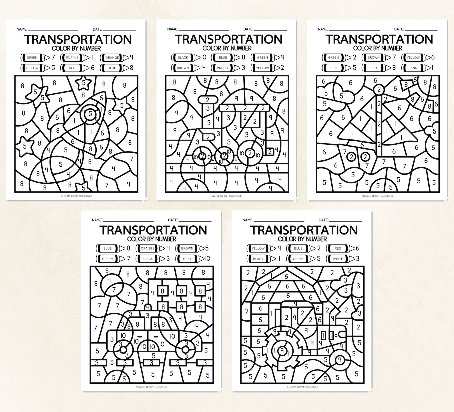 10 Page Transportation Color by Numbers (1 – 10); Coloring Page for ...