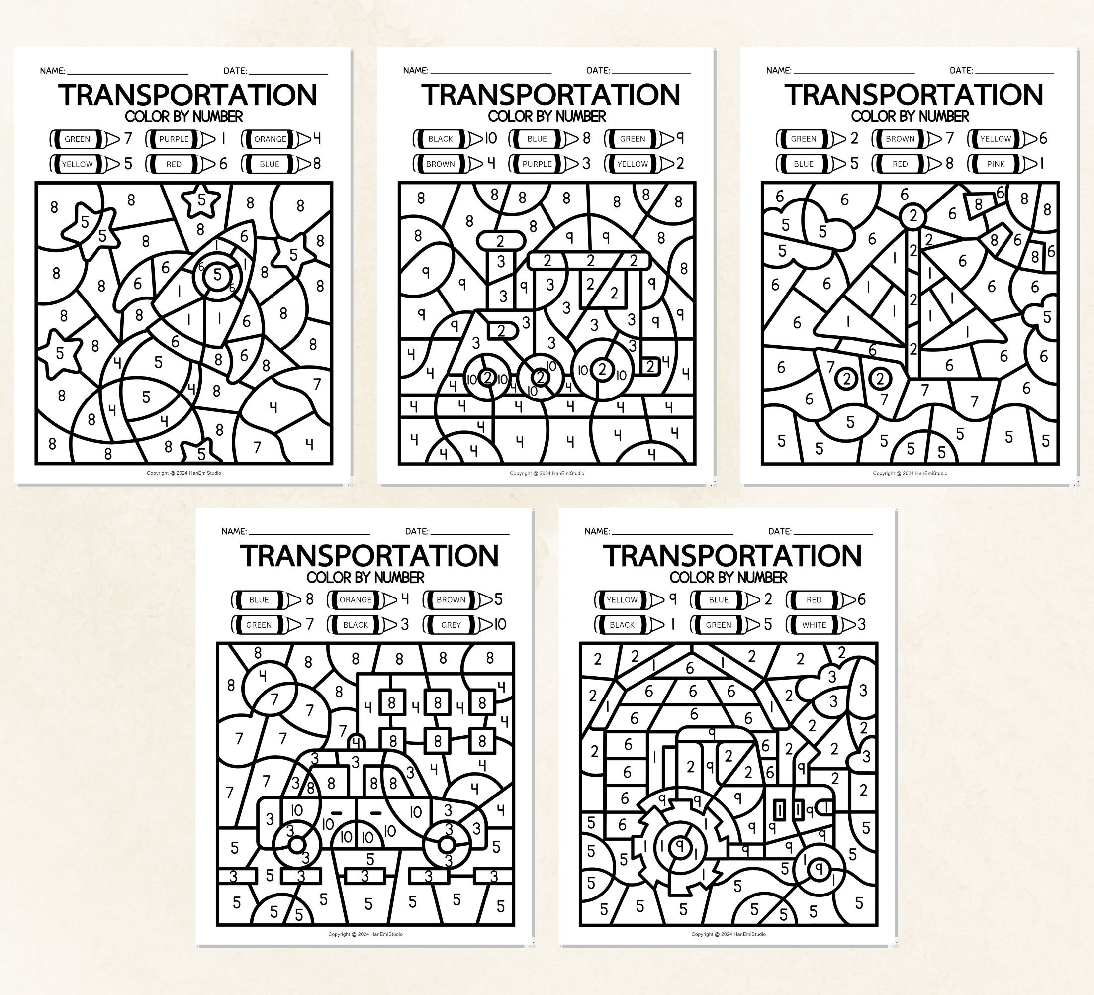 10 Page Transportation Color by Numbers (1 – 10); Coloring Page for ...