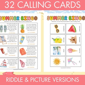 Summer Riddle Bingo Set 32 Calling Cards and 40 Bingo Cards; Printable ...