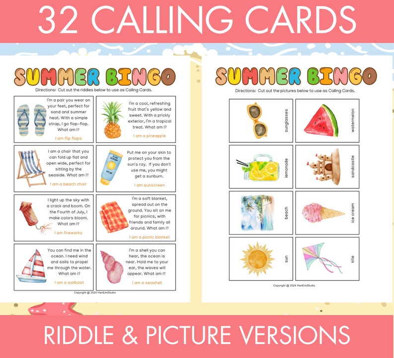 Summer Riddle Bingo Set 32 Calling Cards and 40 Bingo Cards; Printable ...