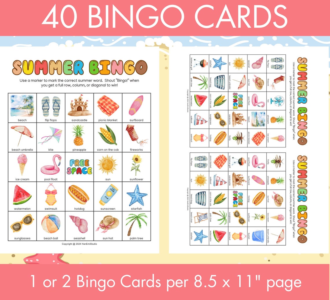 Summer Riddle Bingo Set, 32 Calling Cards and 40 Bingo Cards, Printable ...