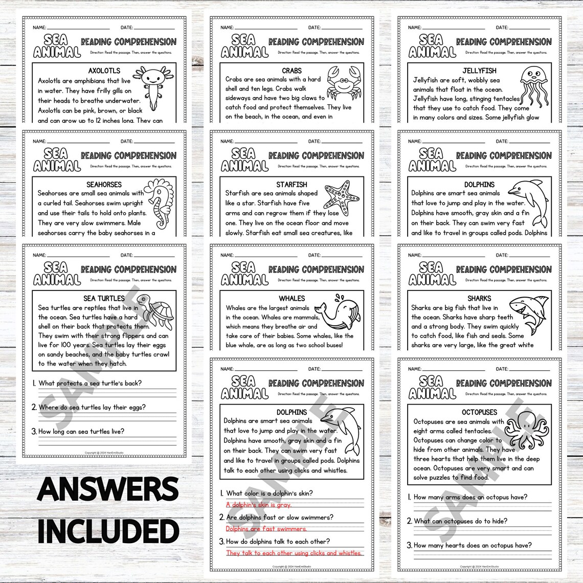 10 Sea Animal Reading Comprehension Worksheets; 1st Grade Reading ...