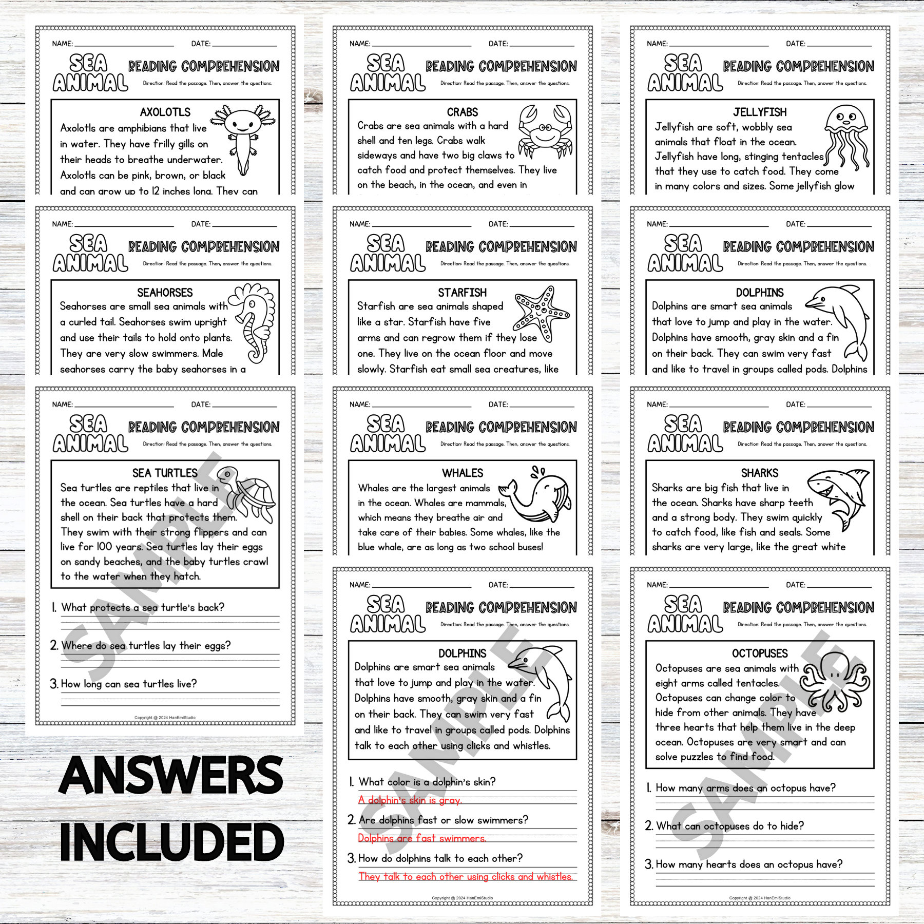 10 Sea Animal Reading Comprehension Worksheets; 1st Grade Reading ...