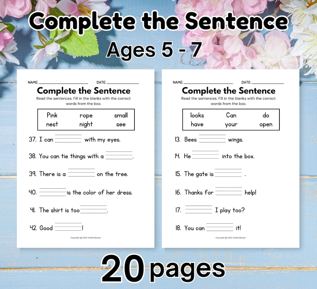 20 Page Complete the Sentence Worksheets; Sentence Completion Worksheet ...