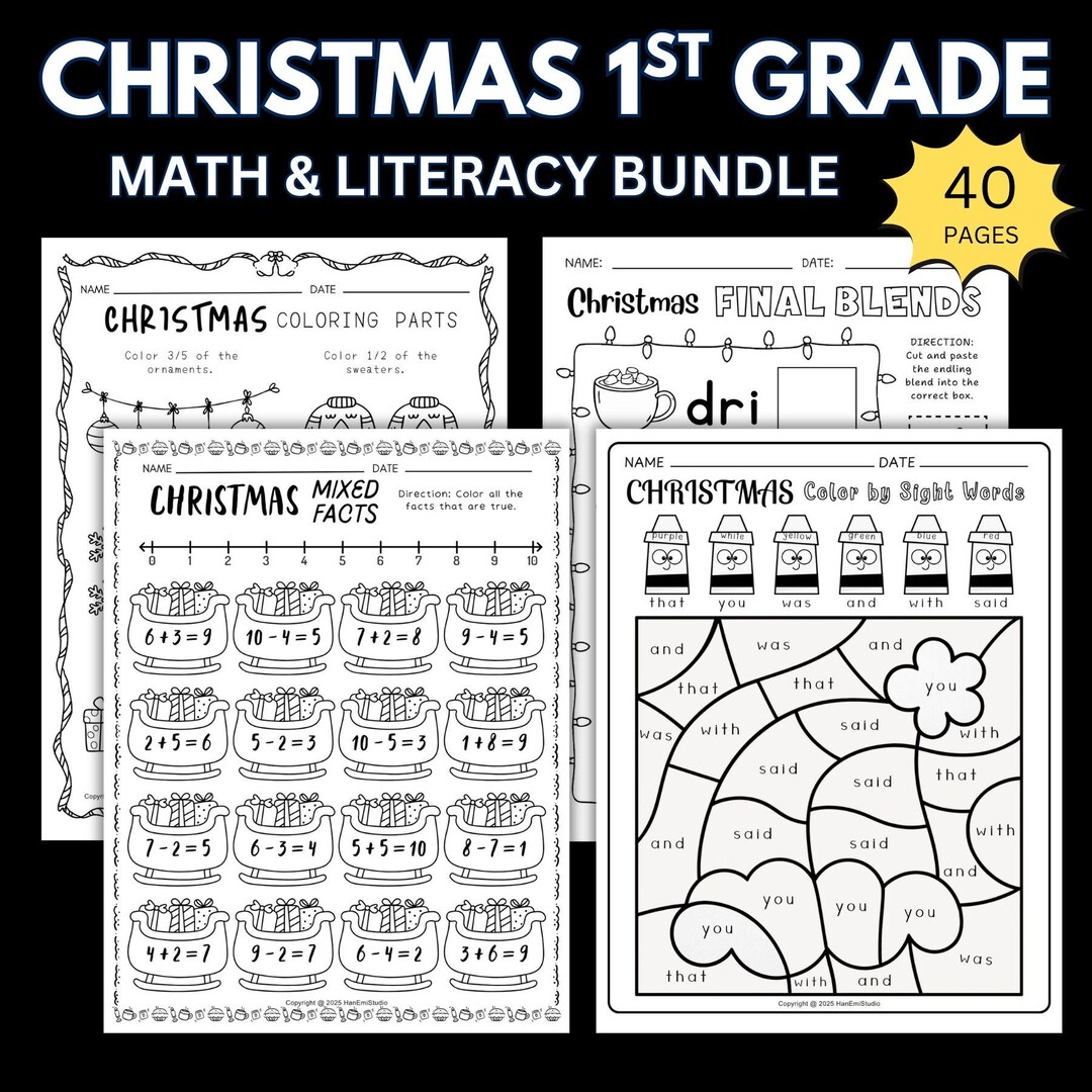Christmas Math and Literacy Worksheets for 1st Grade; First Grade Math ...