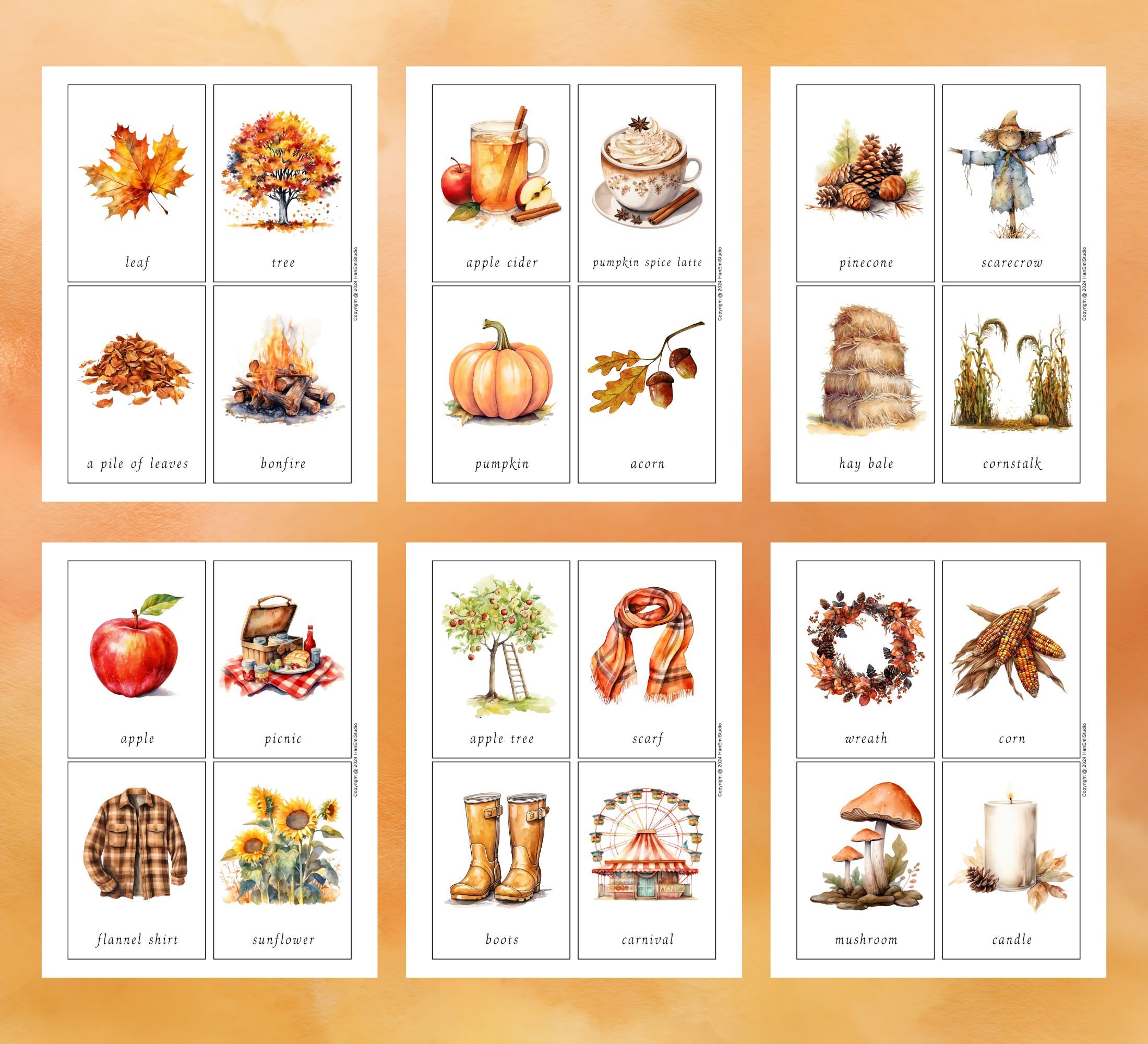 60 Watercolor Fall Vocabulary Flashcards for Kids; Kids Flashcards ...