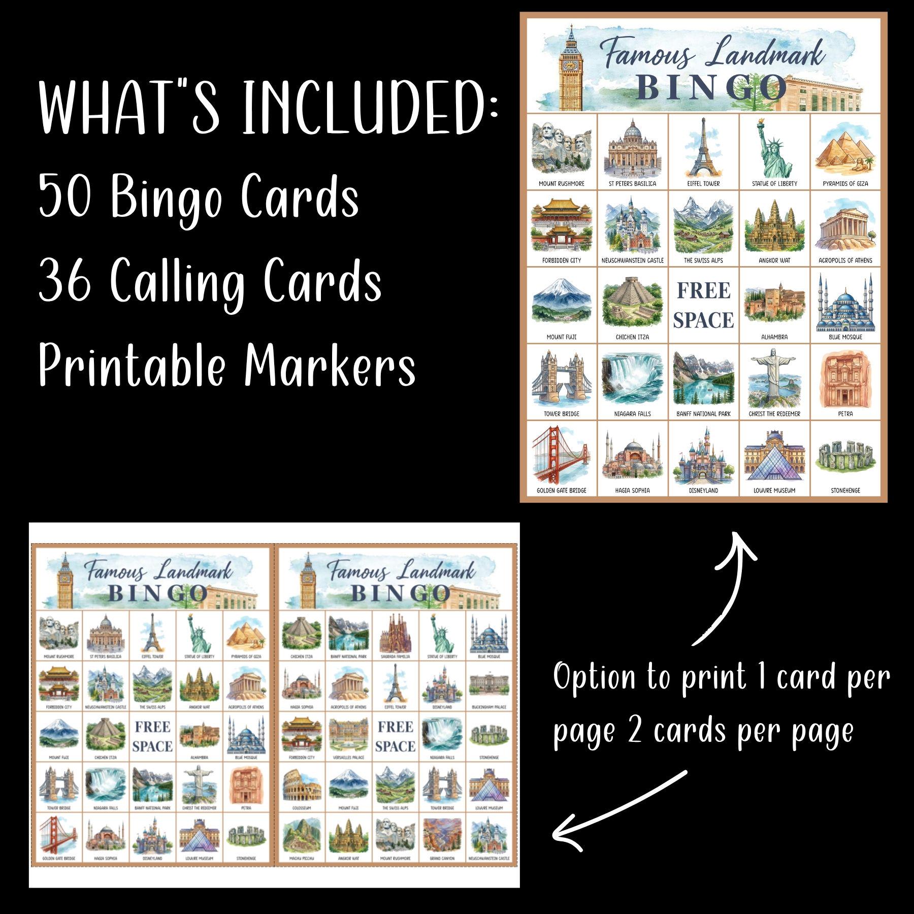 Famous Landmark Bingo Printable; World Travel Printable Game; Geography ...