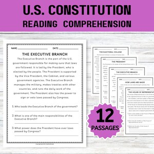 12 US Constitution Reading Comprehension Worksheets; 4th Grade Reading ...