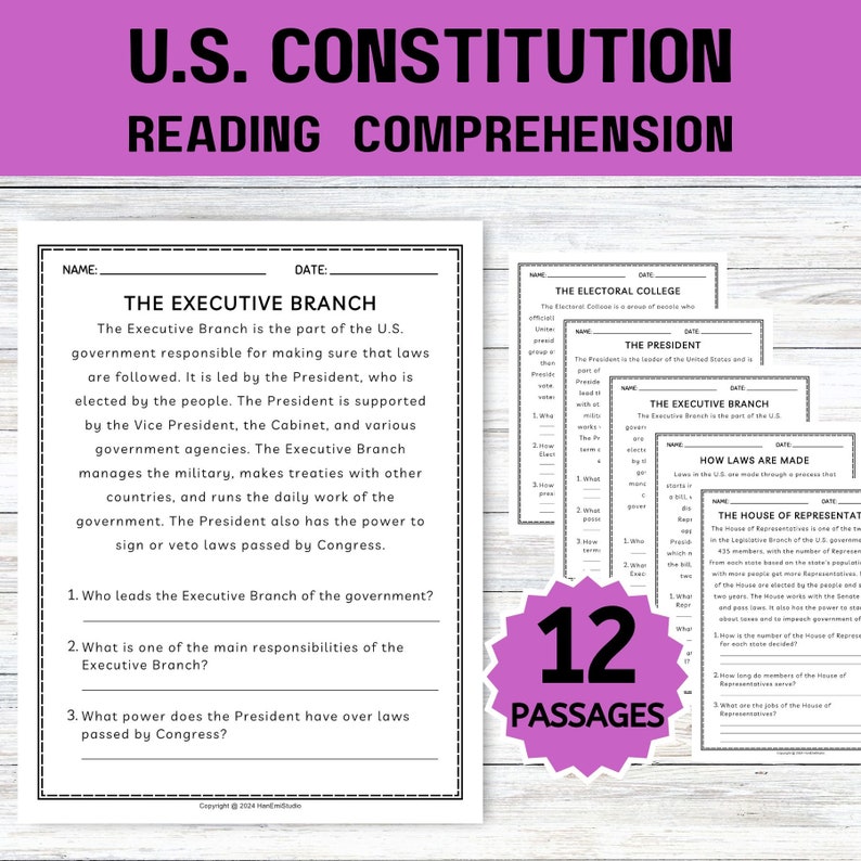 12 US Constitution Reading Comprehension Worksheets; 4th Grade Reading ...