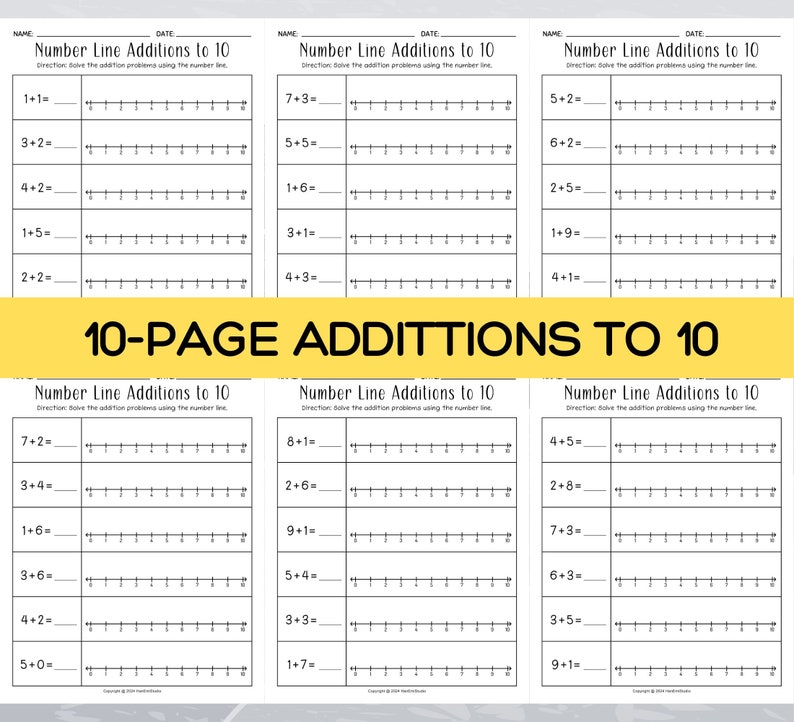 25 Number Line Addition Worksheets Additions to 10 Additions to 20 Prek ...