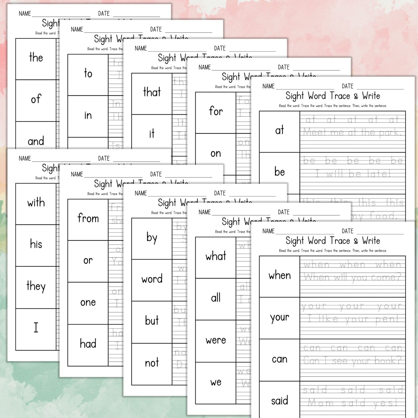 First 100 Sight Word Trace and Write Worksheet; Handwriting Practice ...