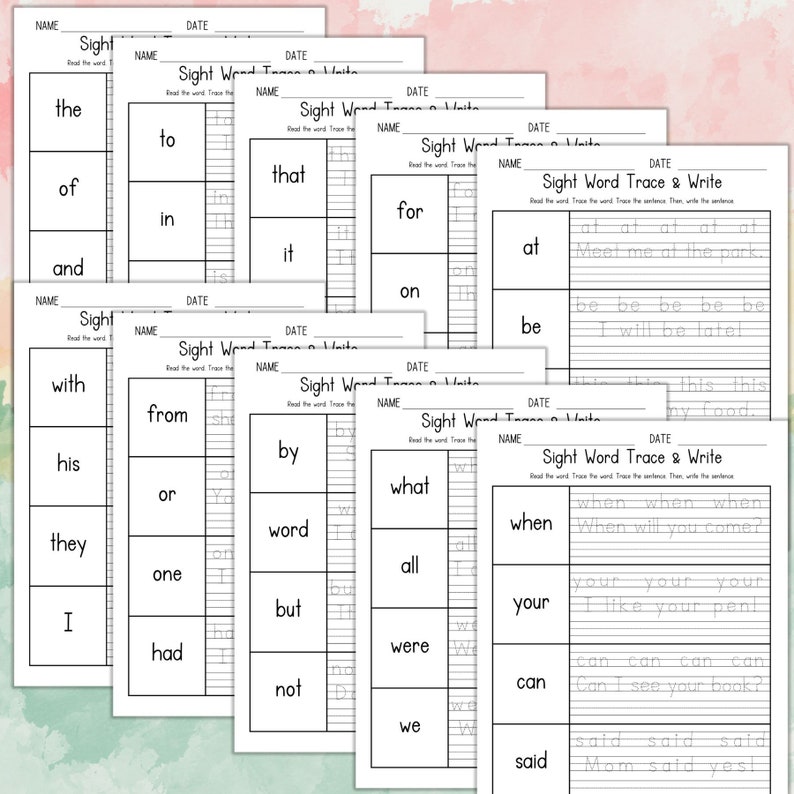 First 100 Sight Word Trace and Write Worksheet; Handwriting Practice ...