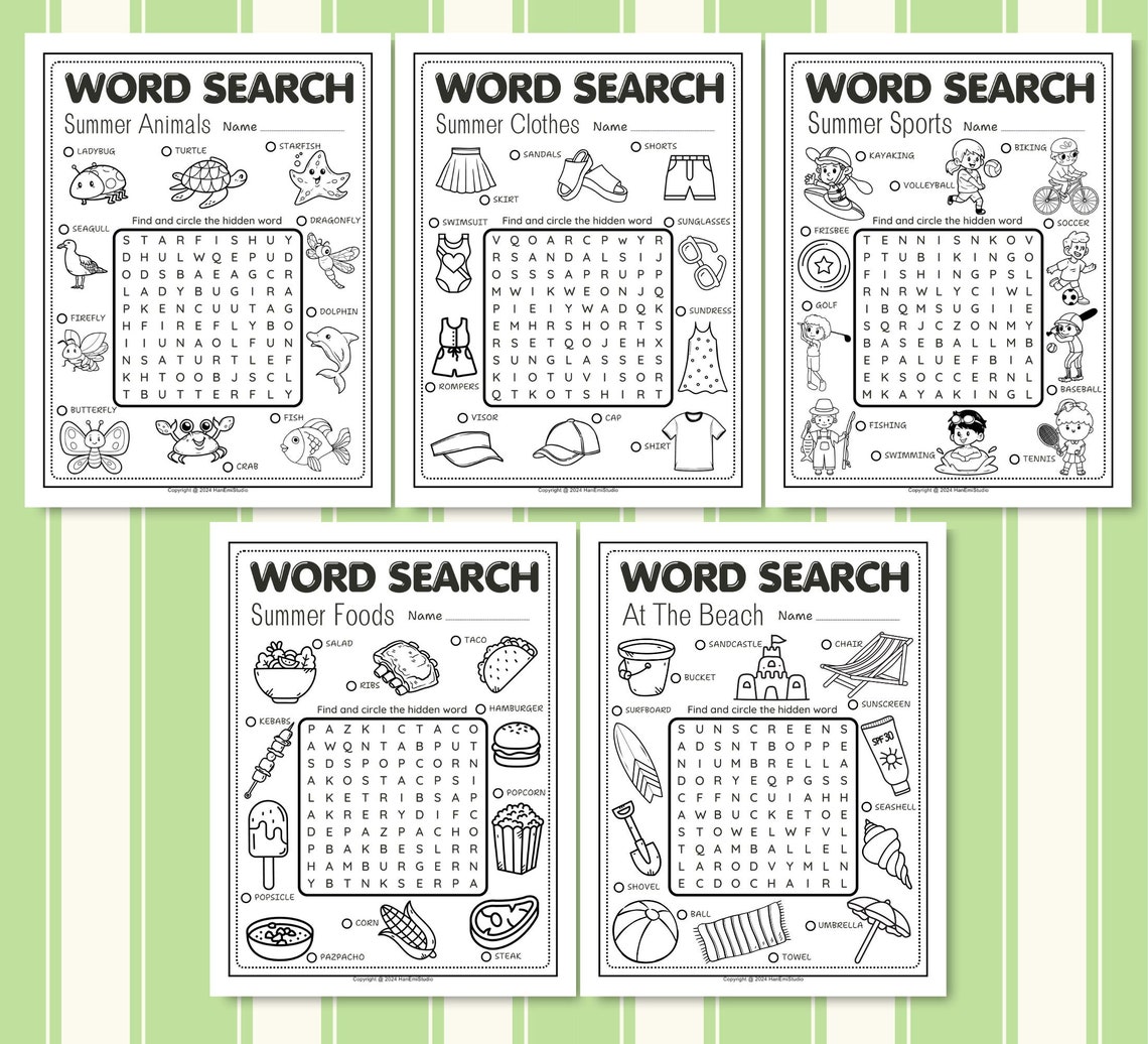 10-page Summer Word Search for Kids; Printable Word Search Pages; Kids ...
