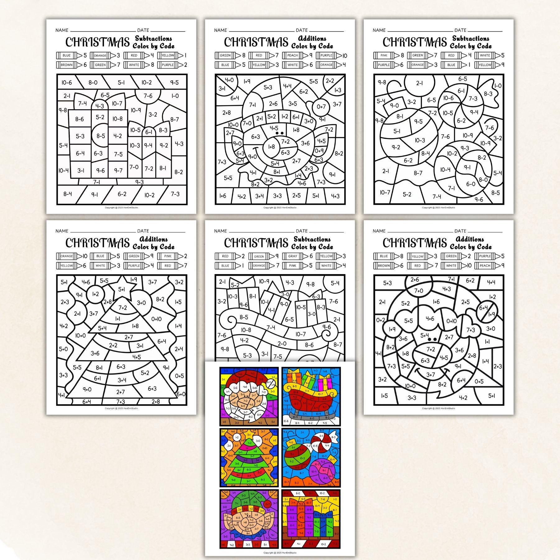 Christmas Subtraction and Addition Color by Code; Christmas Color by ...