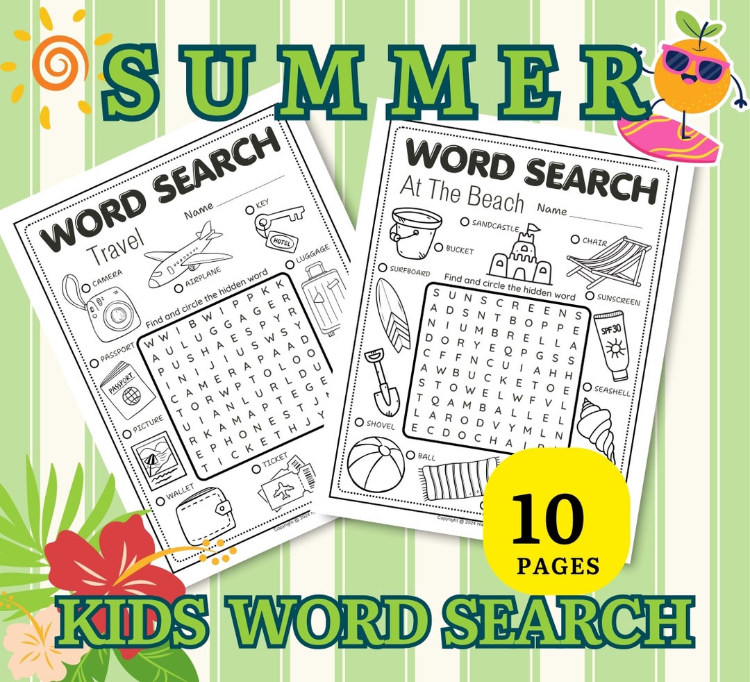 10-page Summer Word Search for Kids; Printable Word Search Pages; Kids ...