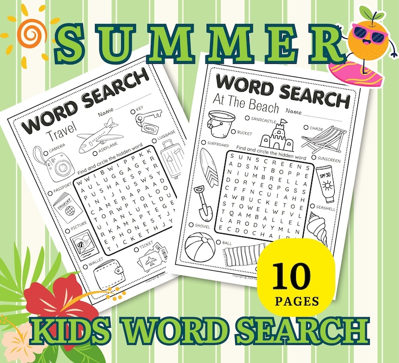 10-page Summer Word Search for Kids; Printable Word Search Pages; Kids ...