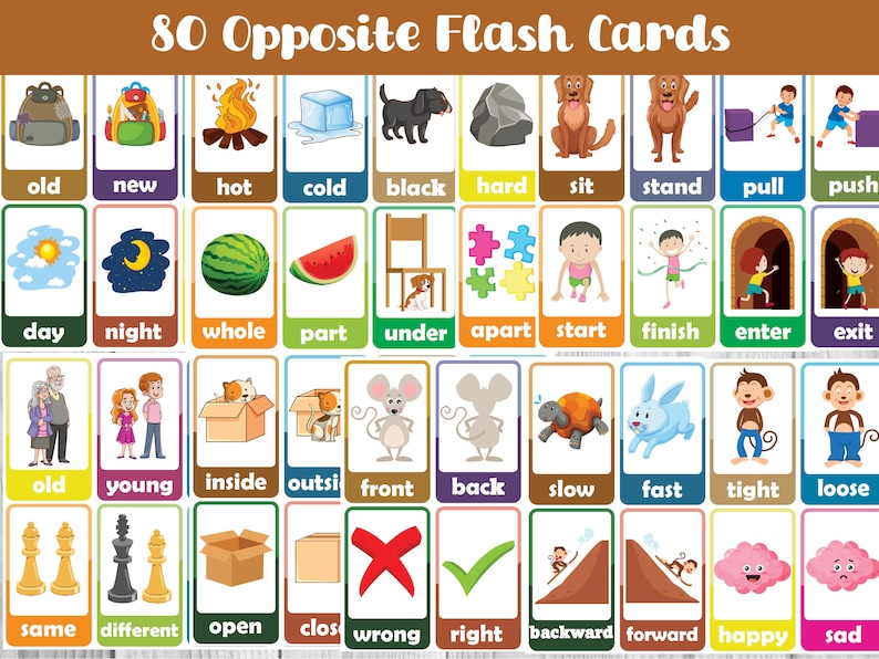 80 Opposite Flash Cards; Learn Opposites; Opposite Worksheet ...