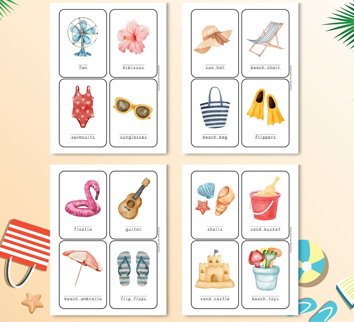 68 Watercolor Summer Vocabulary Flashcards for Kids, Kids Learning ...