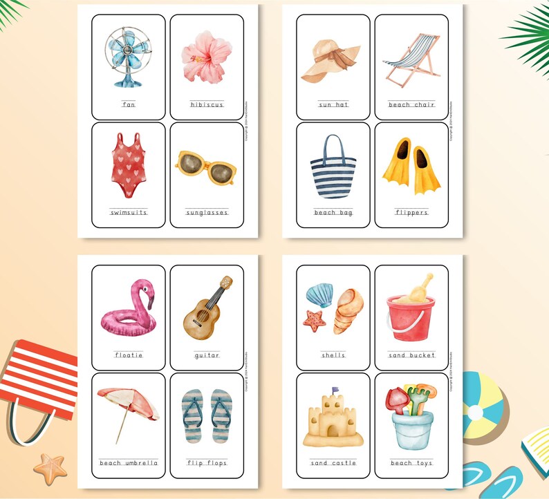 68 Watercolor Summer Vocabulary Flashcards for Kids, Kids Learning ...