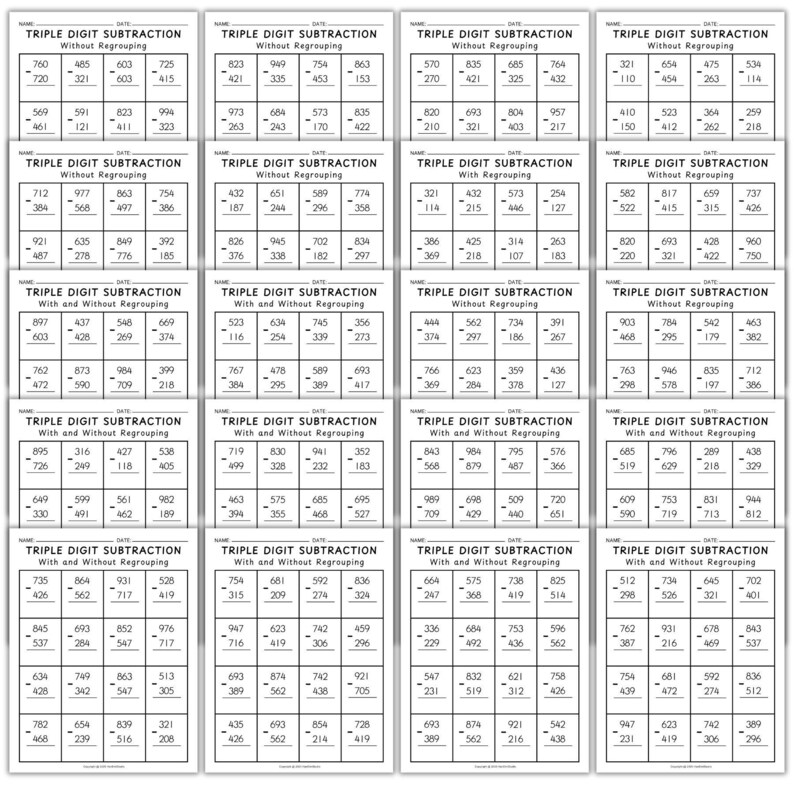 Triple Digit Subtraction Worksheet With and Without Regrouping; 3-digit ...