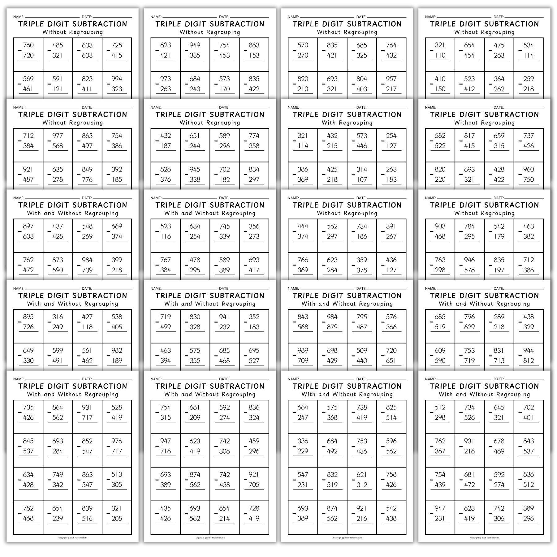 Triple Digit Subtraction Worksheet With and Without Regrouping; 3-digit ...