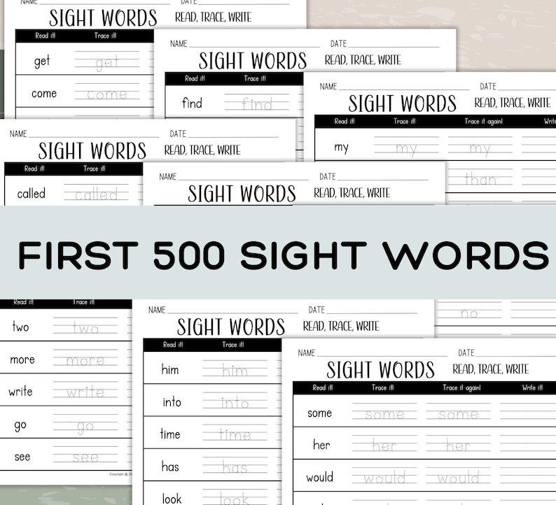 First 500 Sight Word Trace and Write Worksheet; Writing Practice Sheet ...