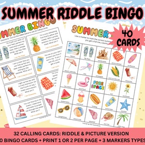 Summer Riddle Bingo Set 32 Calling Cards and 40 Bingo Cards; Printable ...