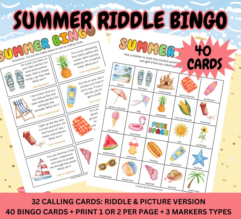 Summer Riddle Bingo Set 32 Calling Cards and 40 Bingo Cards; Printable ...