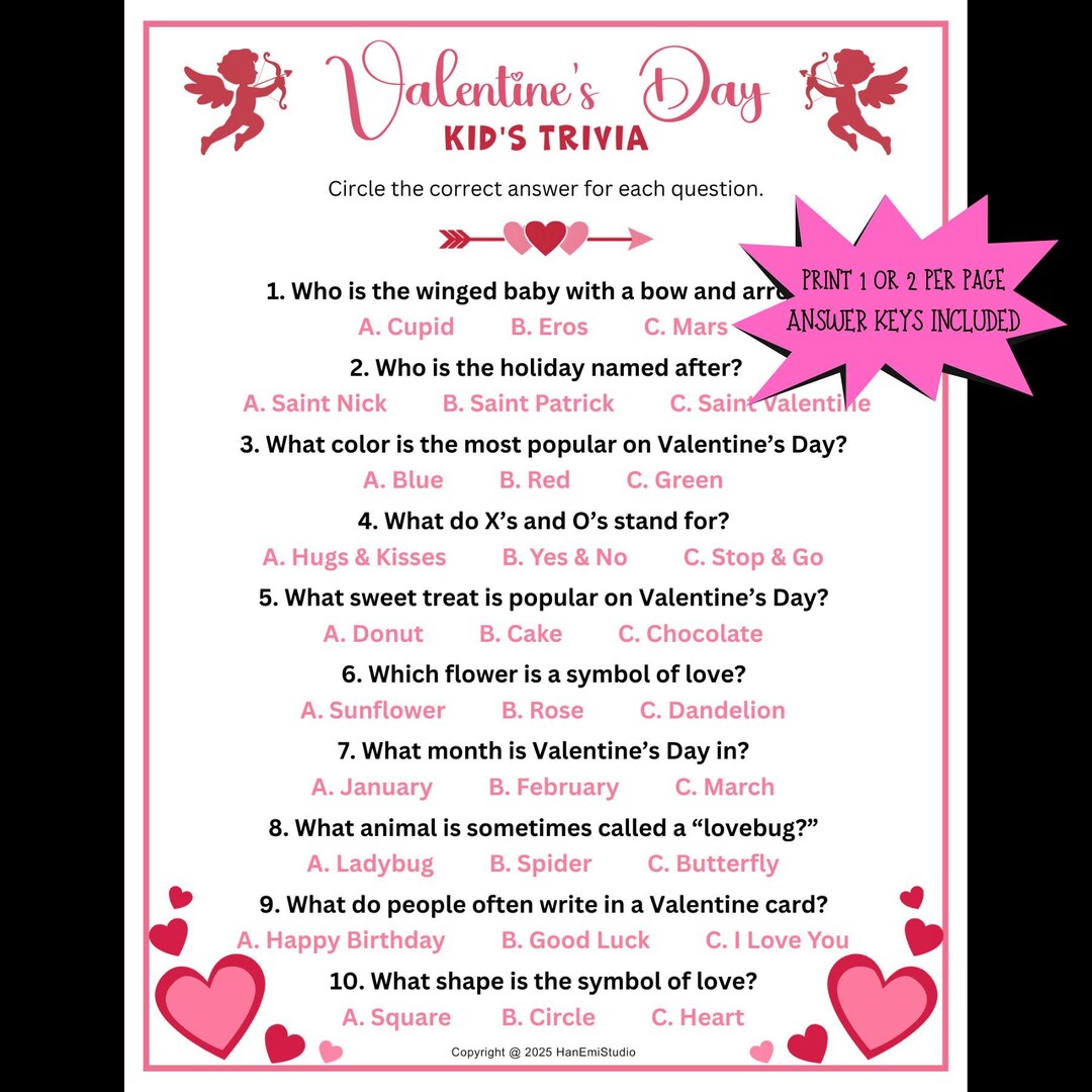 Valentine’s Day Trivia Game for Kids; Valentine Party Game; Printable ...