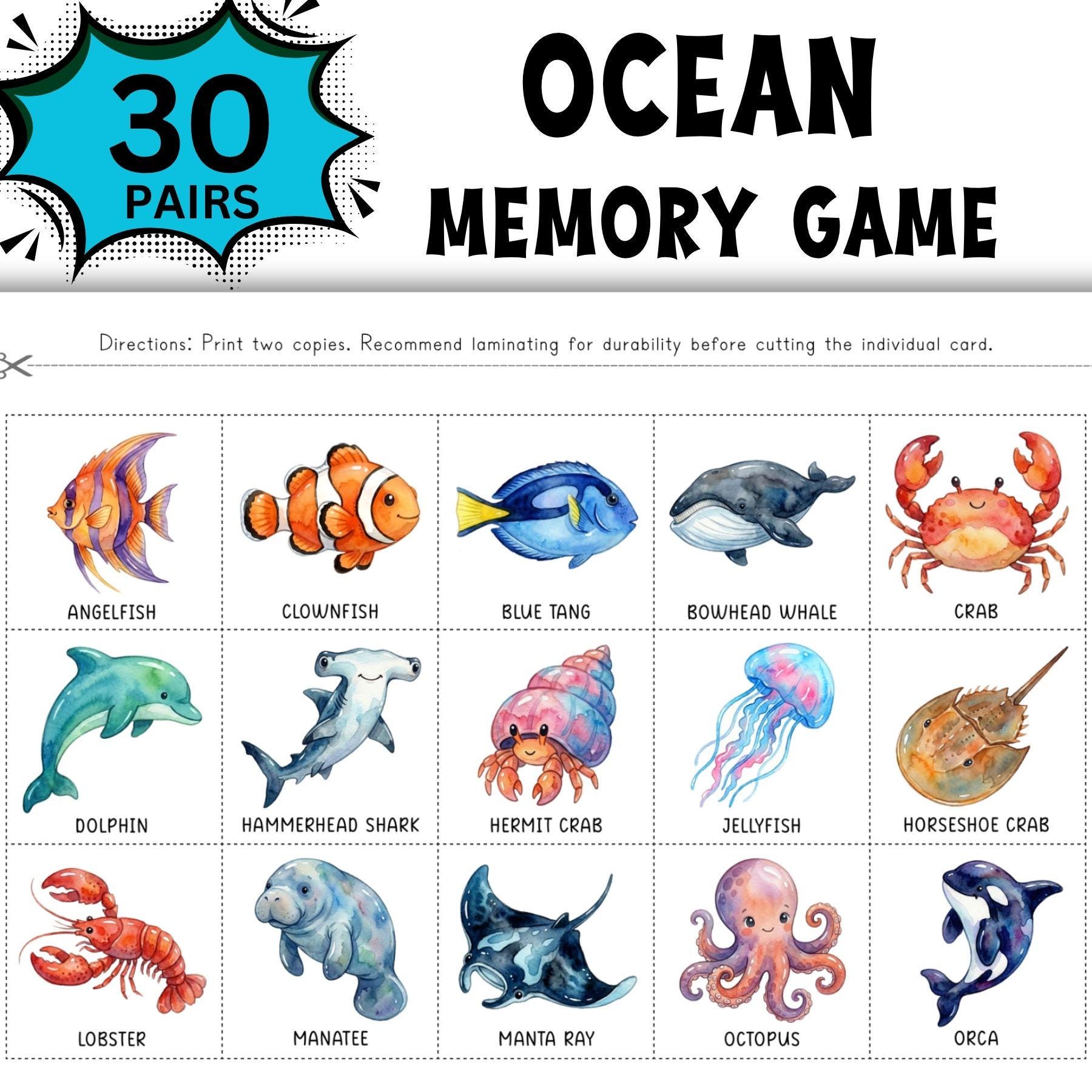 Ocean Memory Game Printable; Under the Sea Matching Cards for Kids; Sea ...