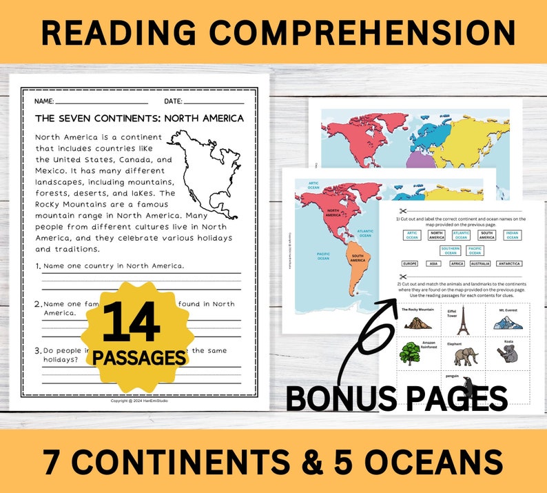 7 Continents and 5 Oceans Reading Comprehension Worksheets; Geography ...
