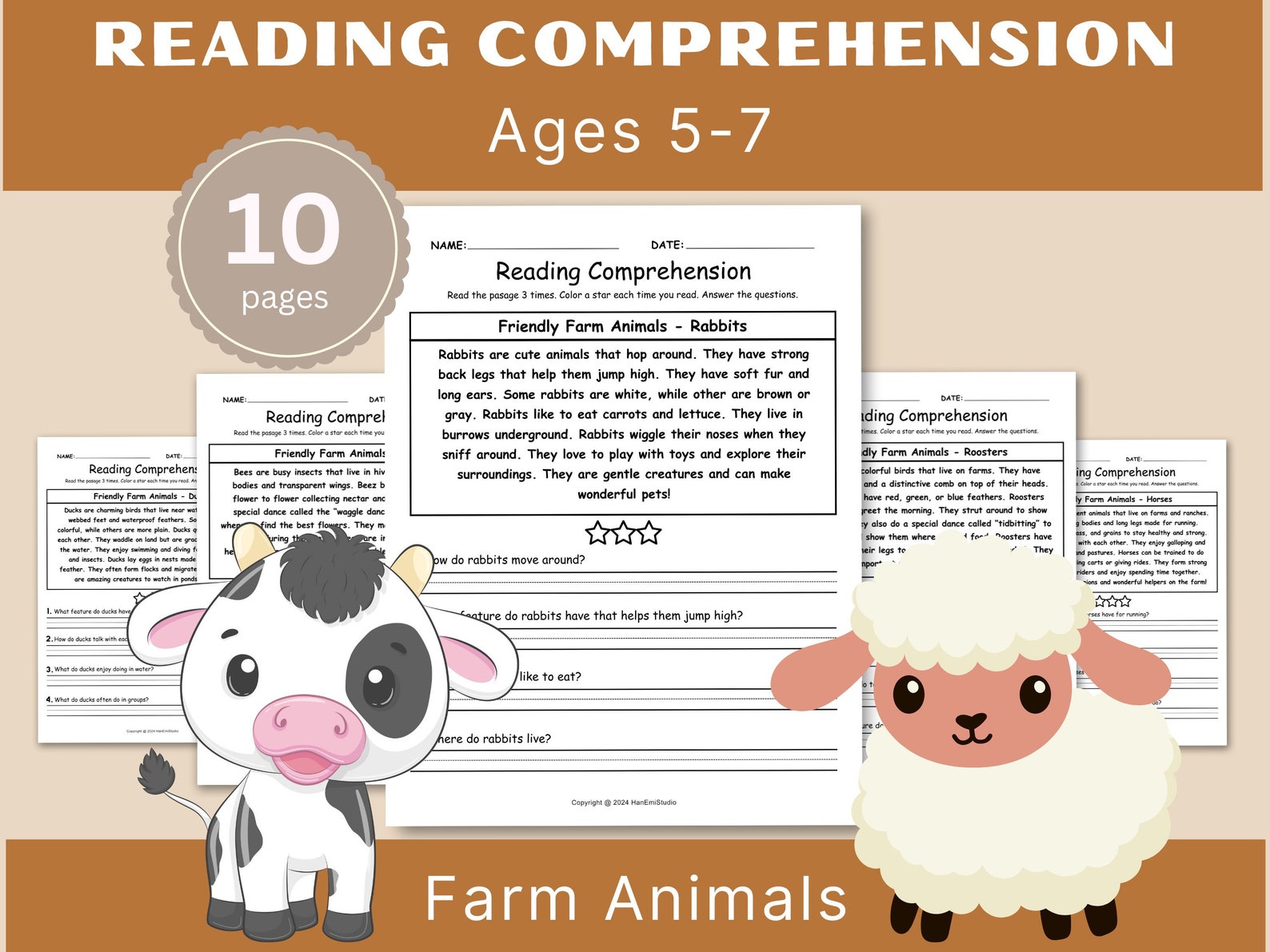 10 Reading Comprehension Worksheets About Friendly Farm Animals for ...
