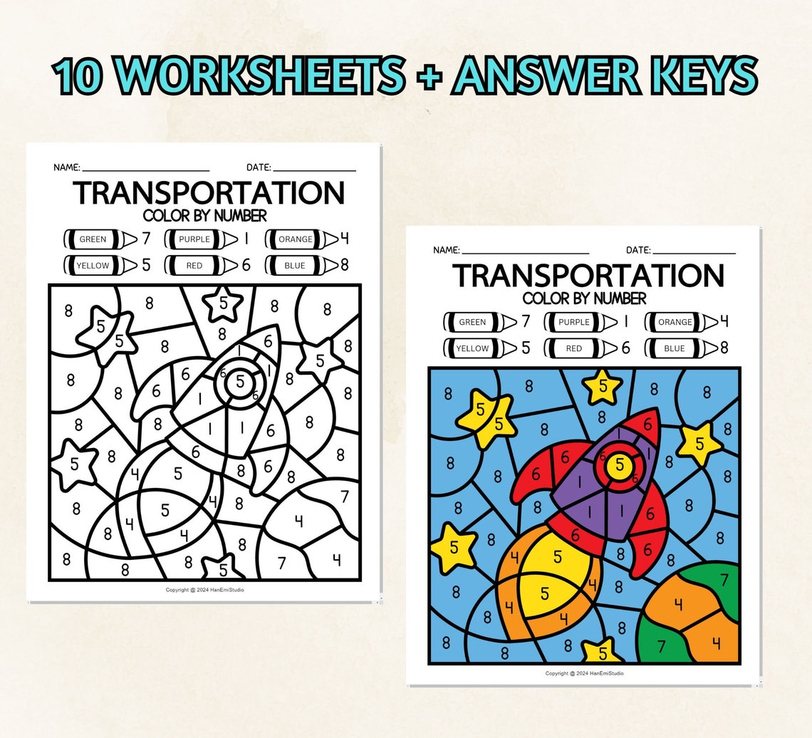 10 Page Transportation Color by Numbers (1 – 10); Coloring Page for ...