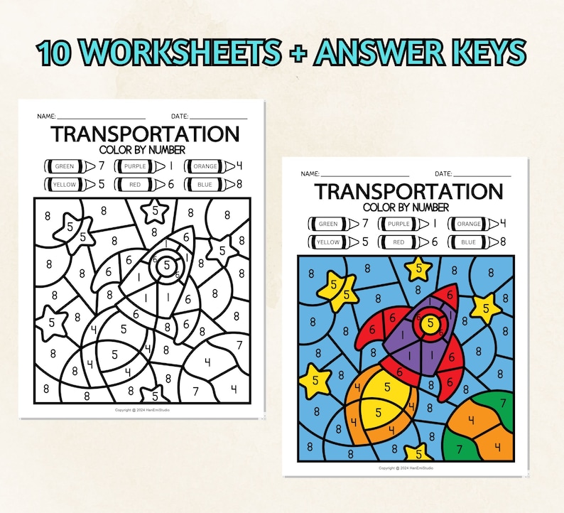 10 Page Transportation Color by Numbers (1 – 10); Coloring Page for ...