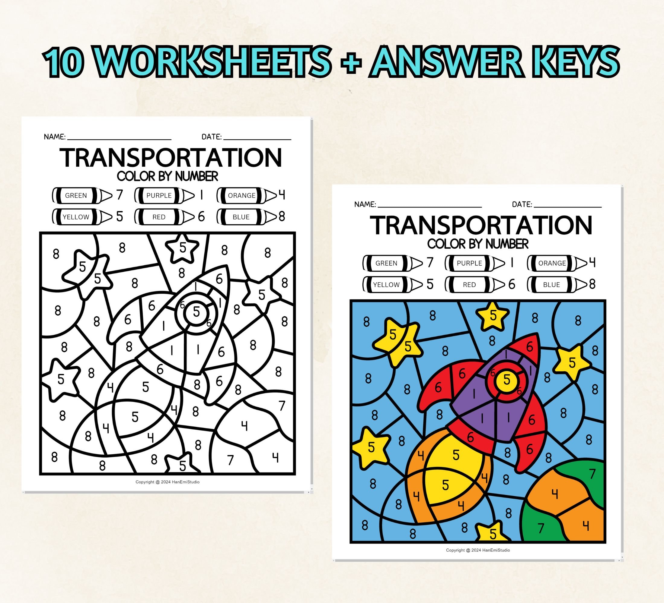 10 Page Transportation Color by Numbers (1 – 10); Coloring Page for ...