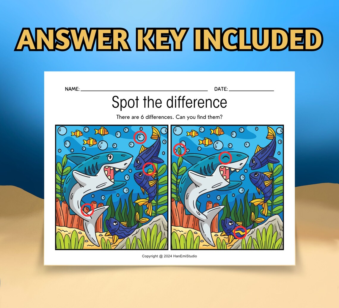 10 Sea Animal Spot the Difference Worksheets Difficult Version for Kids ...