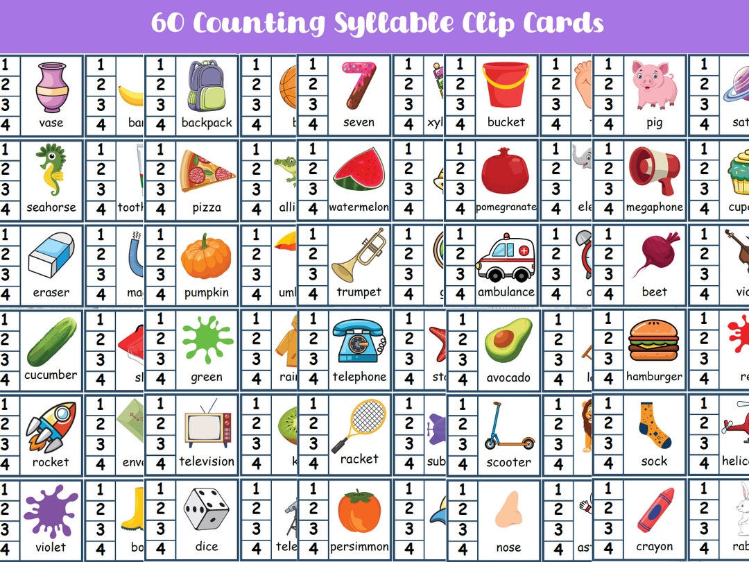 60 Counting Syllable Clip Cards; Counting Syllable Worksheet; Syllables ...