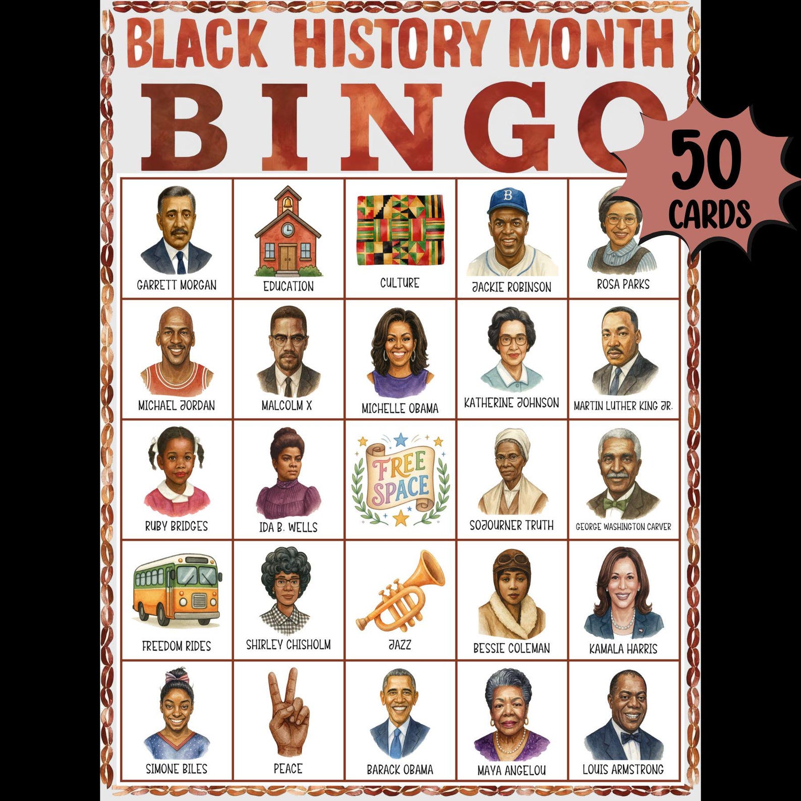 Black History Month Bingo Game Printable; Black History Flashcards ...