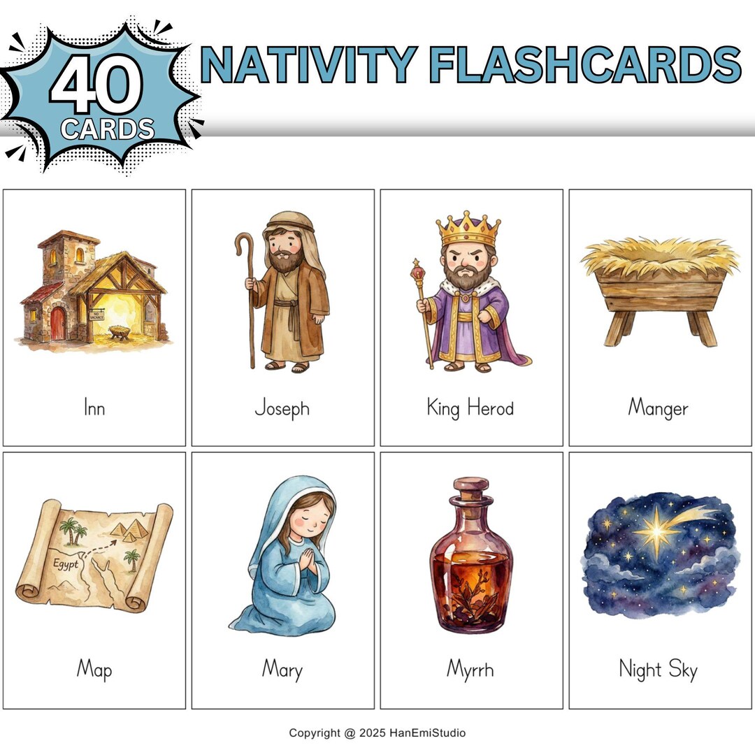 Nativity Flashcards Printable; Watercolor Kids Flashcards; Christmas ...